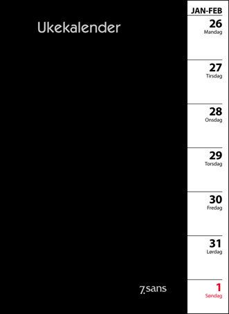 Ukekalender 7.sans, spiralisert, refill i plastomslag, sort - Wulff Supplies
